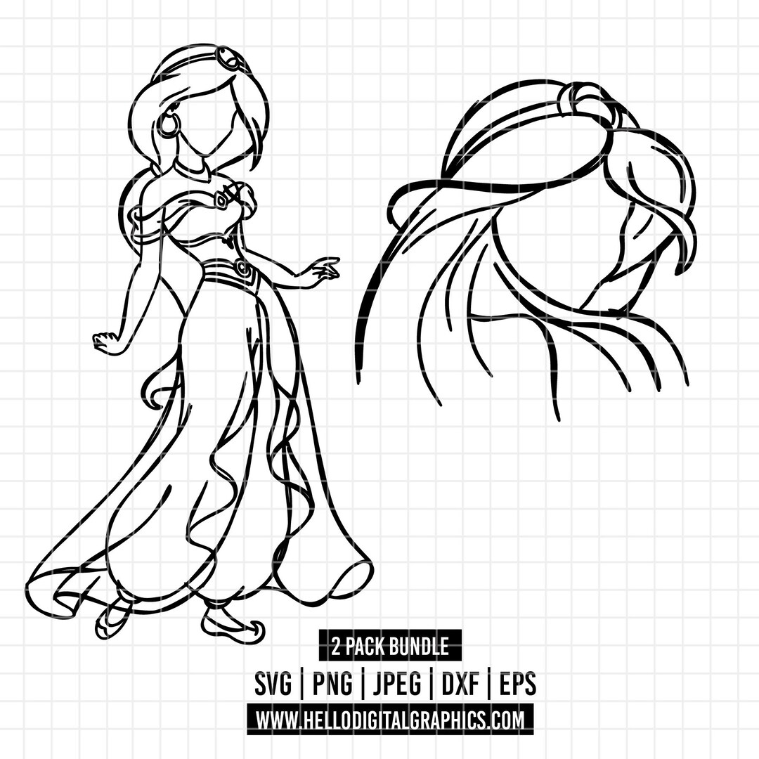 1666 - Princess Jasmine Outline Pack Bundle SVG, PNG, EPS - Disneyy ...