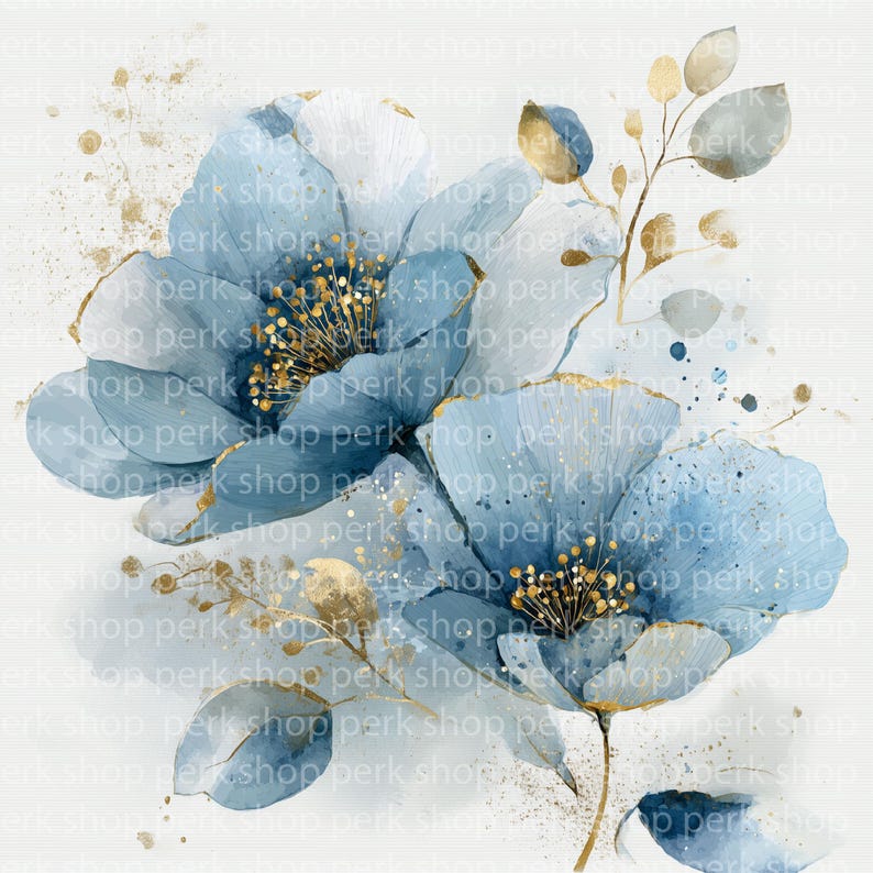 Blue Flower Abstract Watercolor Clipart: Blue & Gold Shimmer Floral Art ...