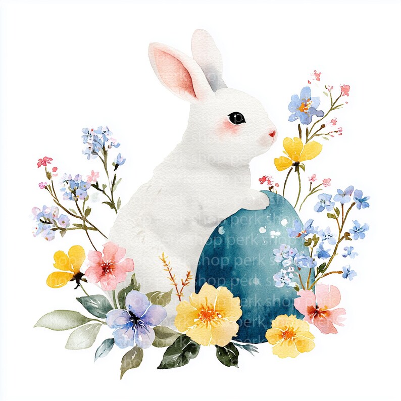 Watercolor Easter Bunny Clipart: Spring Flowers and Eggs (digital ...