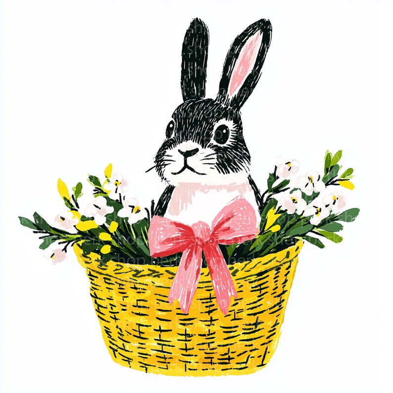 Easter Bunny Clipart, Spring Rabbit With Basket Flowers, Scrapbooking ...
