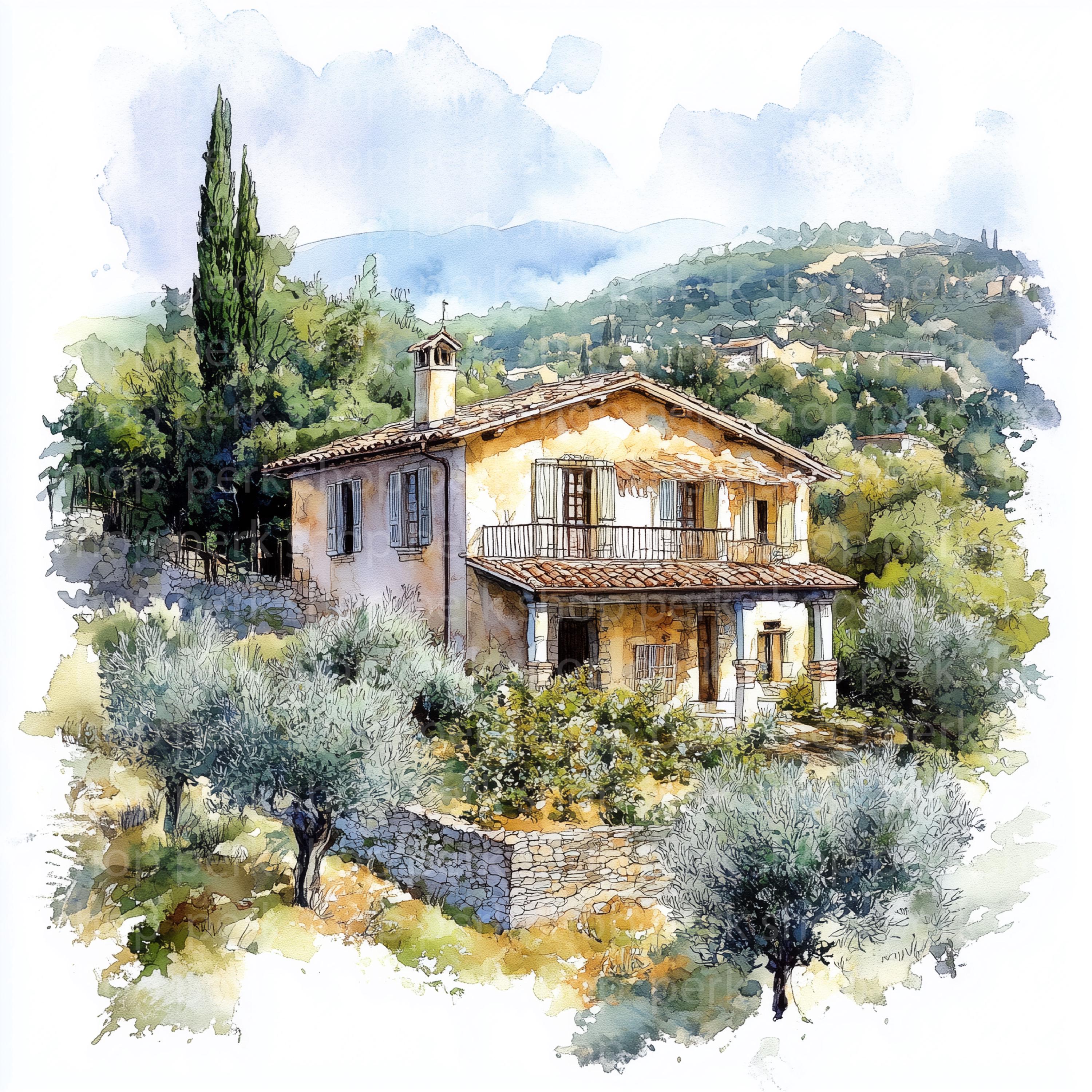 Greek Landscape Clipart, Greece Olive Hills Watercolor Printable Art ...
