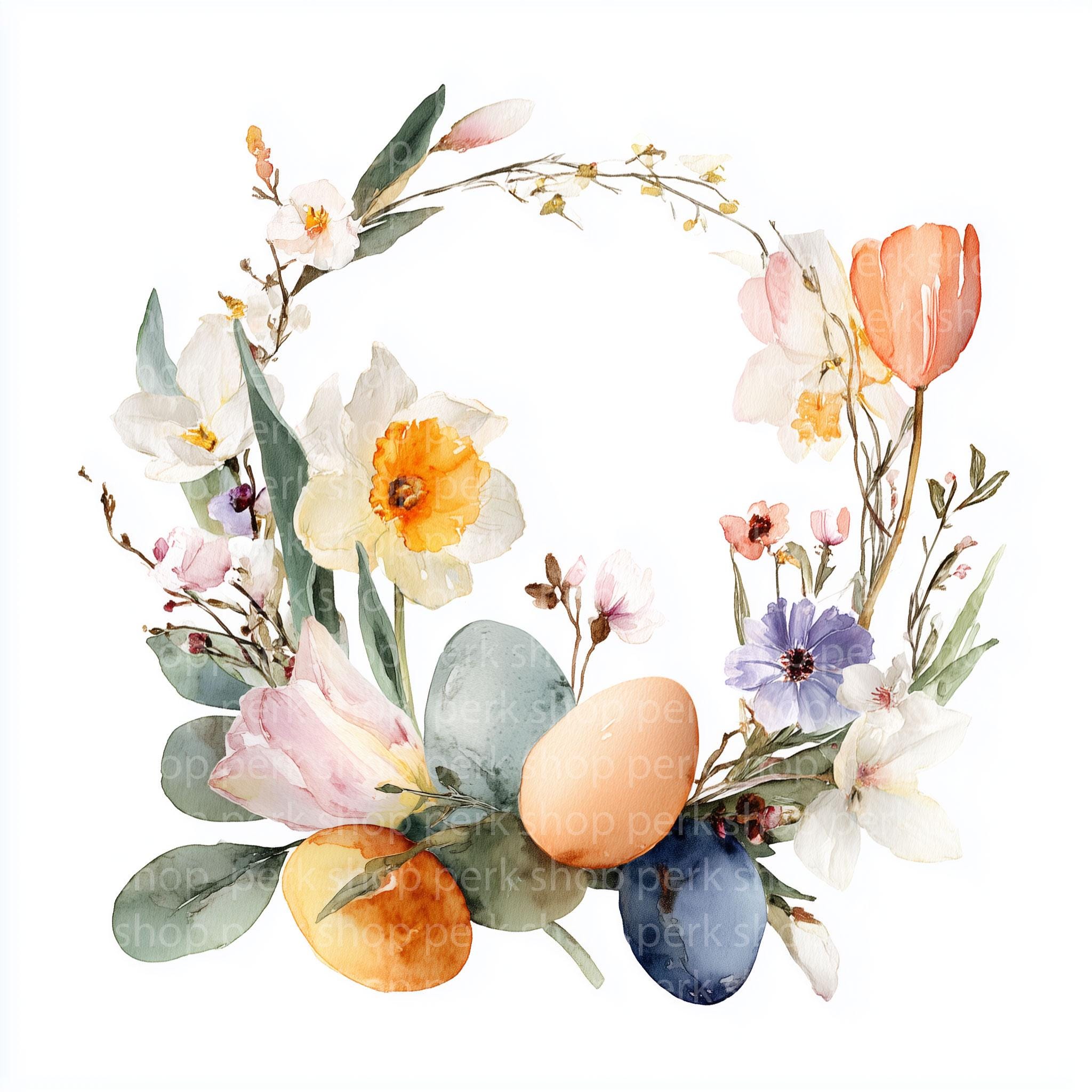 9 Easter Floral Wreath Clipart PNG, Watercolor Spring Flowers Eggs ...