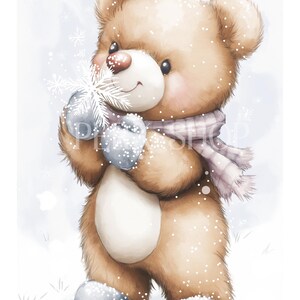 Watercolor Christmas Teddy Bear Clipart: Winter Snowflakes (digital ...