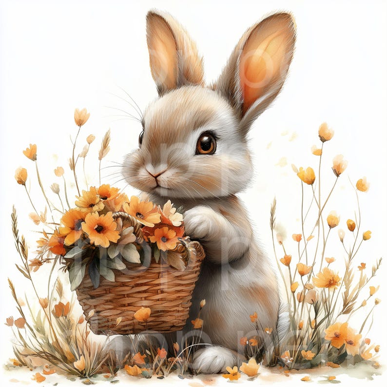 Watercolor Easter Bunny Clipart: Rabbit With Flowers (digital Download ...