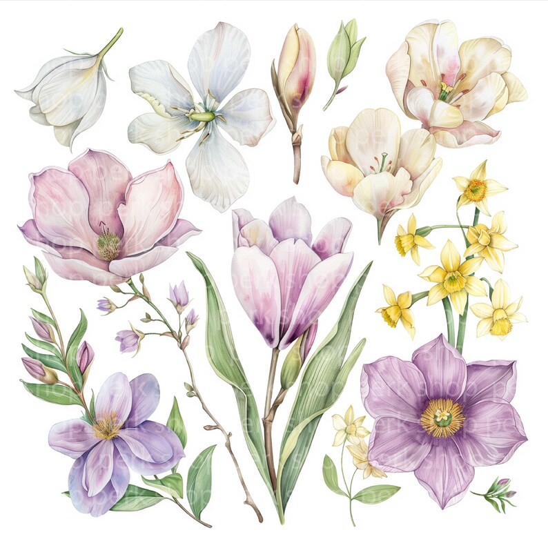 5 Spring Flowers Watercolor Clipart Set, Watercolor Digital Printable ...