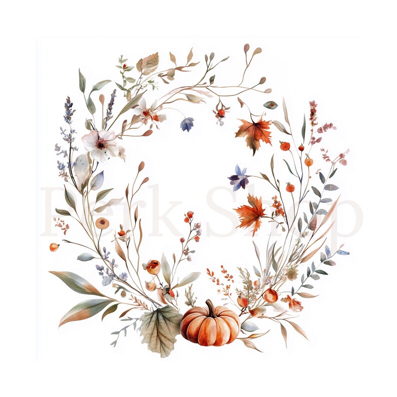 Autumn Watercolor Floral Wreaths Clipart: Fall Flowers, Leaves ...