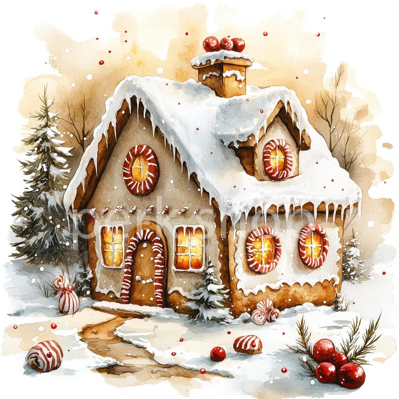 Watercolor Gingerbread House Clipart: Christmas PNG Images (digital ...