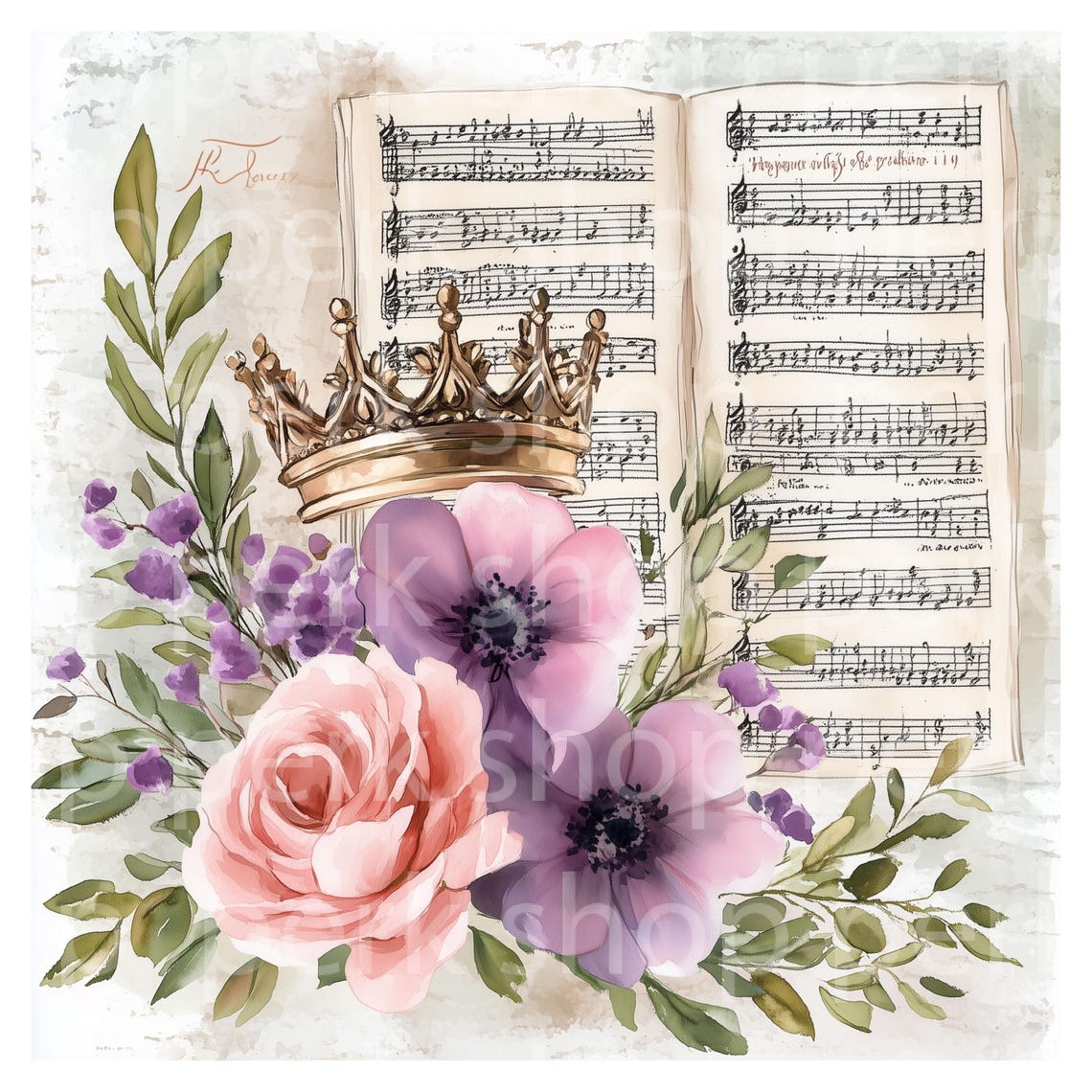 Music Notes Clipart, Floral Crown Vintage Ephemera Print, Flower ...