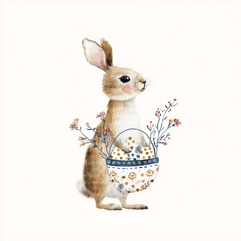 Easter Bunny Clipart: Spring Rabbit, Basket Flowers (digital Printable ...