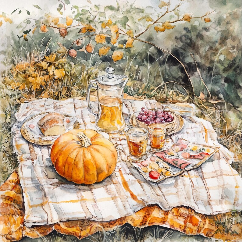 Autumn Pumpkin Picnic Watercolor Art: Fall Landscape (digital Download ...