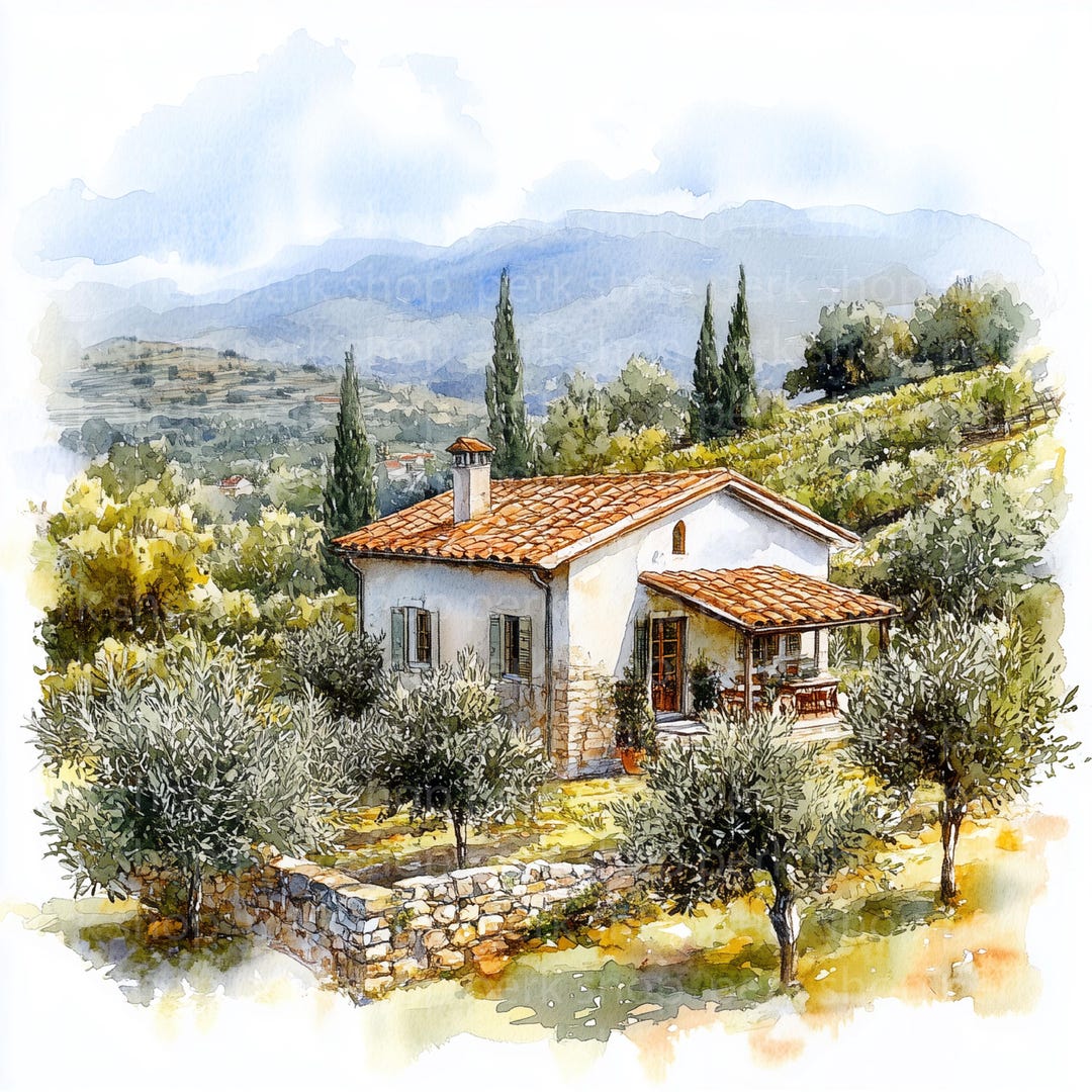 Greek Landscape Clipart, Greece Olive Hills Watercolor Printable Art ...