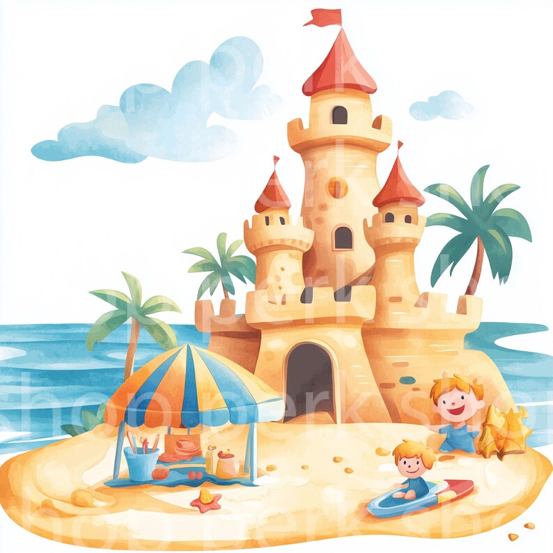 6 Sand Castle Kids Camp Clipart | Cute Toddler Boys, Tents, Palms and ...
