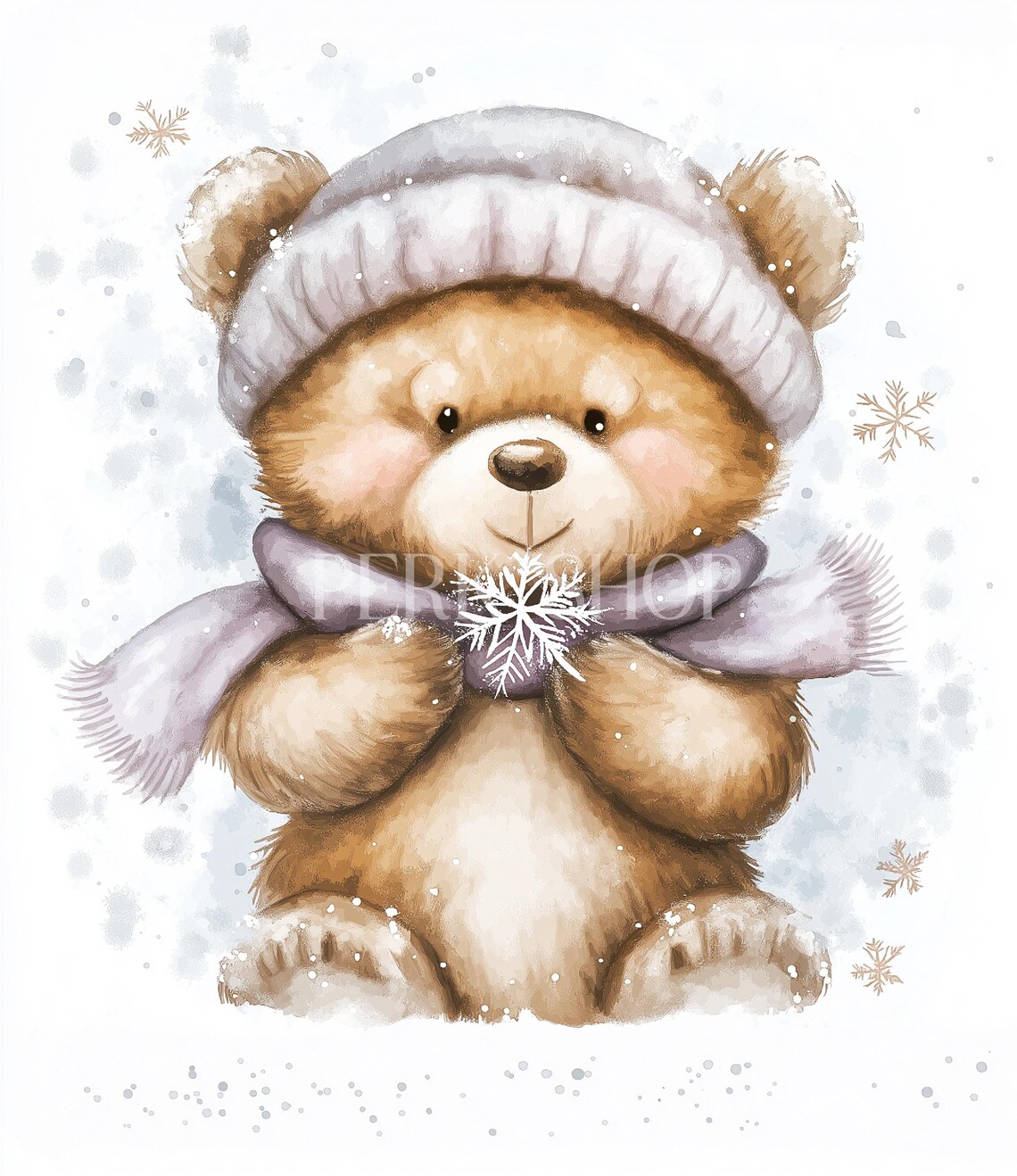 Watercolor Christmas Teddy Bear Clipart: Winter Snowflakes (digital ...