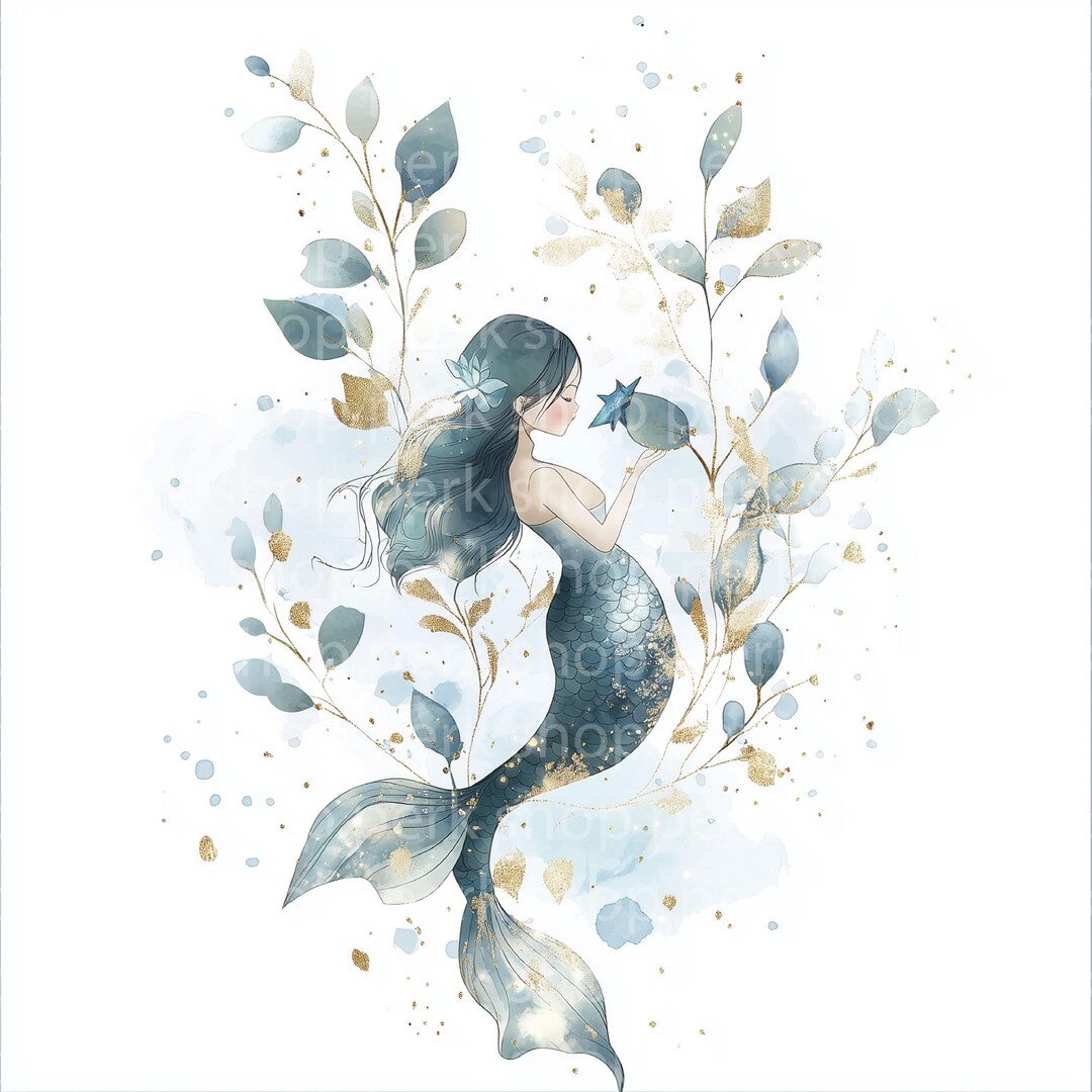 7 Watercolor Mermaid Clipart, Ocean Fantasy Illustration, Blue Gold Sea ...