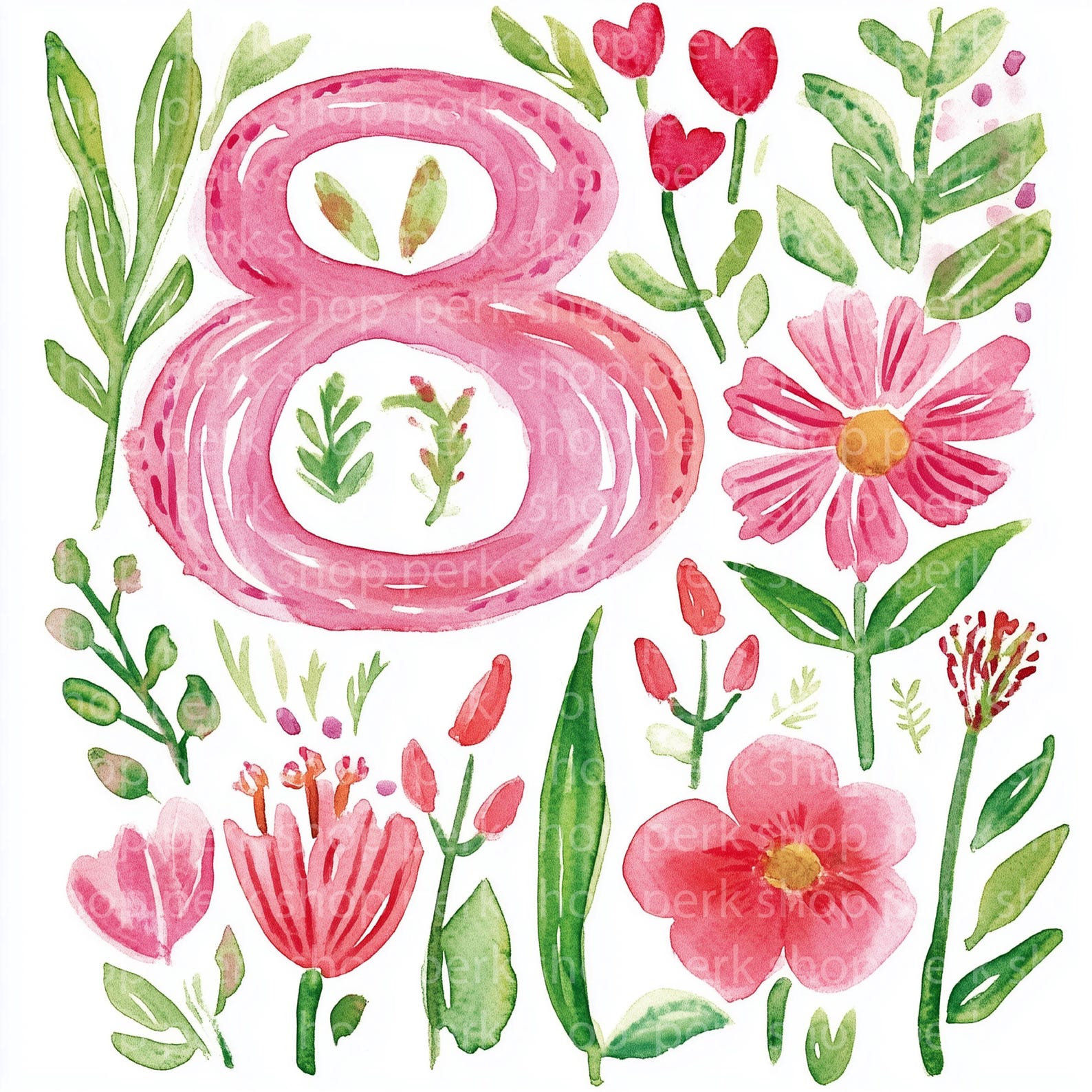 8th March Clipart, 8 Spring Flowers Watercolor, Women's Day Digital ...