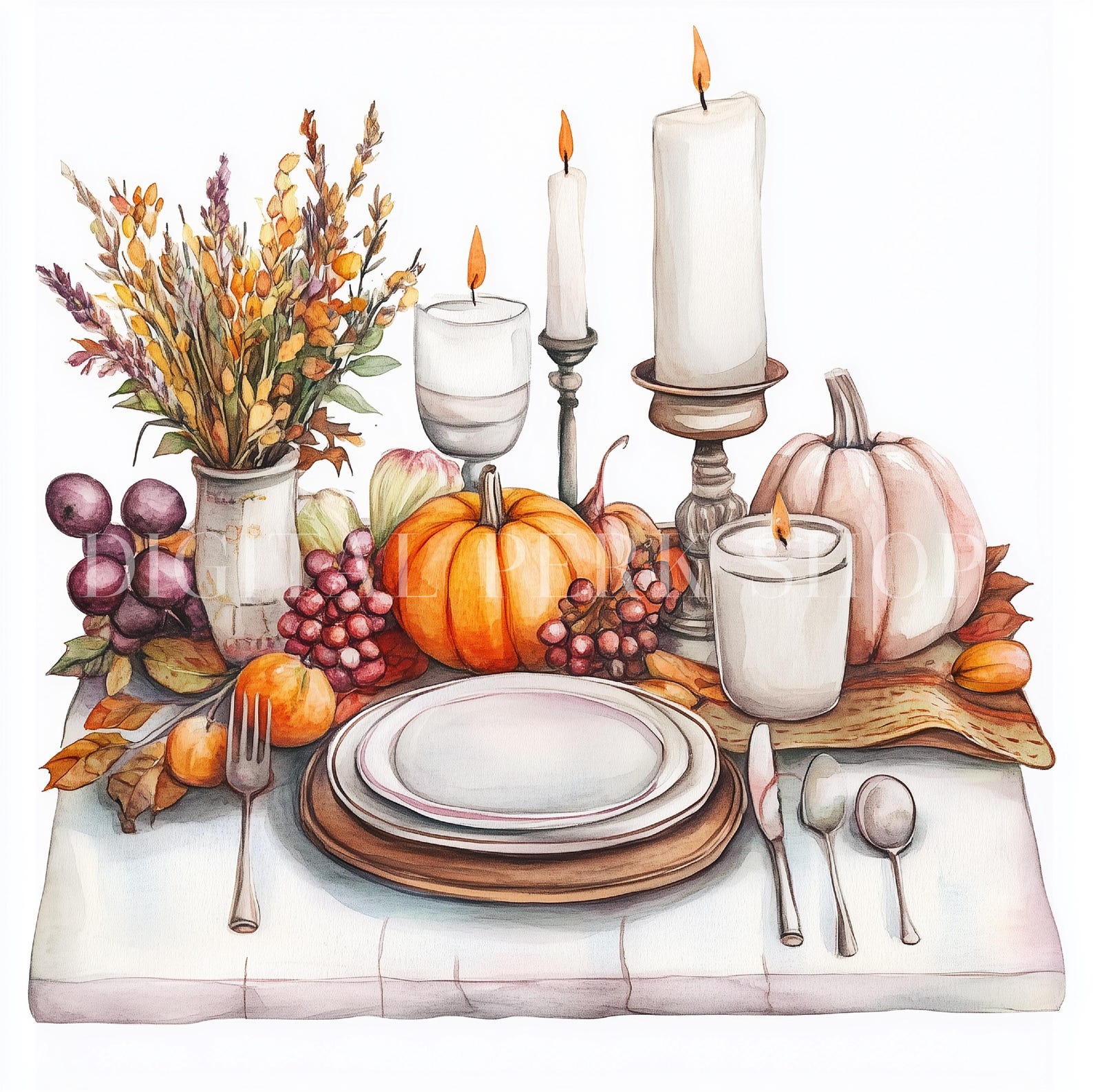 Watercolor Thanksgiving Table Clipart: Autumn Pumpkin Decor (digital ...