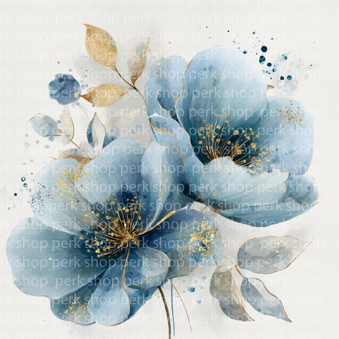 Blue Flower Abstract Watercolor Clipart: Blue & Gold Shimmer Floral Art ...