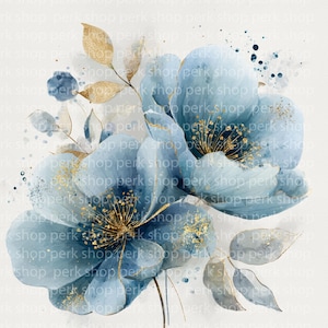 Blue Flower Abstract Watercolor Clipart: Blue & Gold Shimmer Floral Art ...