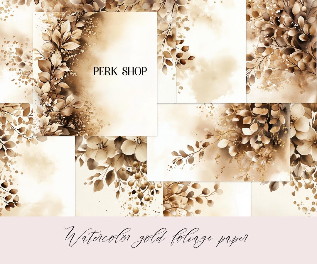 Gold Foliage Watercolor Paper Pack: Floral Glitter Leaves (digital ...