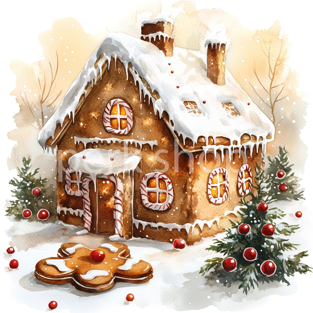 Watercolor Gingerbread House Clipart: Christmas PNG Images (digital ...