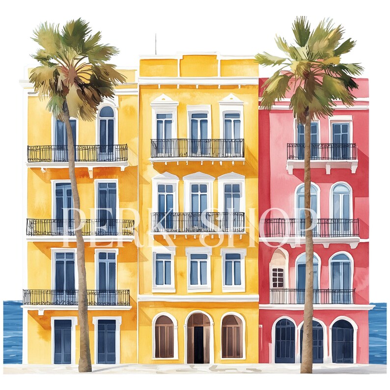 18 Tel-aviv Houses Clipart, Israel Architecture Watercolor Landscape ...