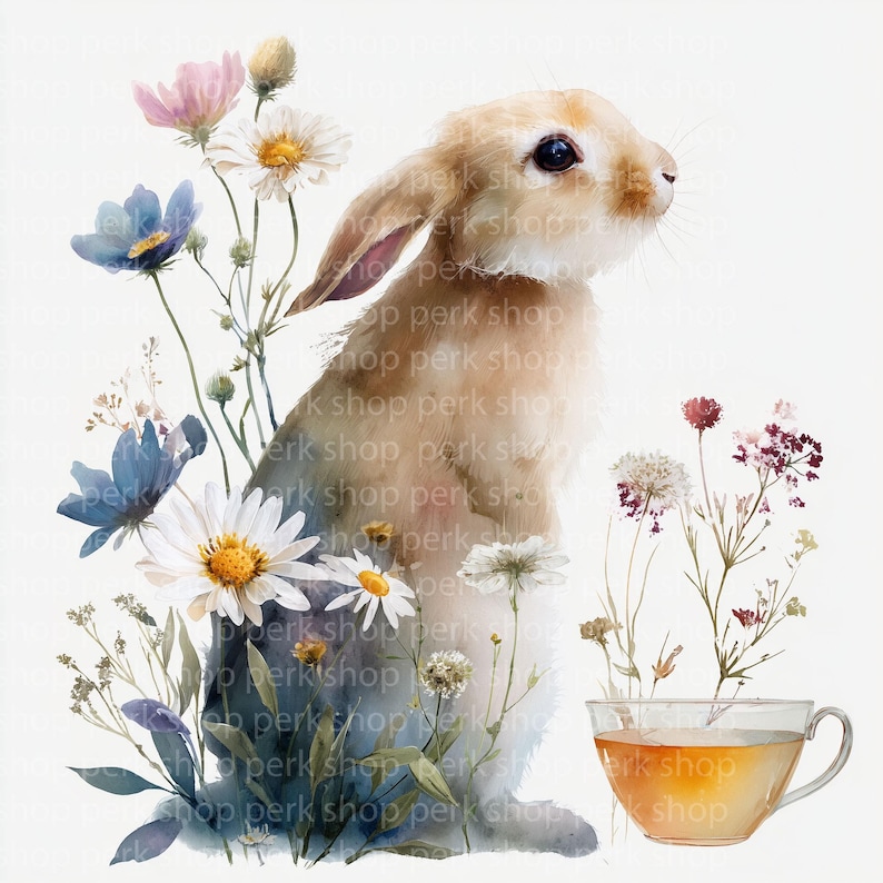 Easter Bunny Tea Clipart PNG, Watercolor Rabbit With Flowers Mug, Cozy ...