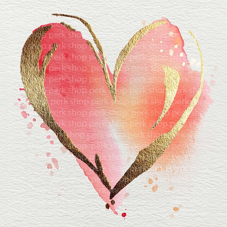 Watercolor Heart Clipart, Pink Gold Heart PNG, Abstract Love Art ...
