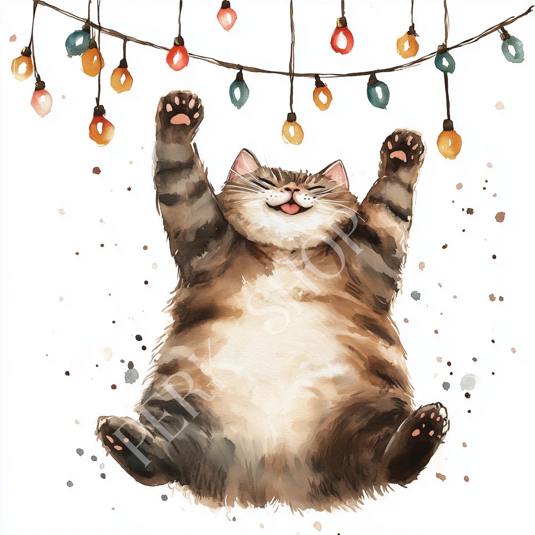 Christmas Cat Watercolor Clipart: Sleeping Cat With Garland Lights ...