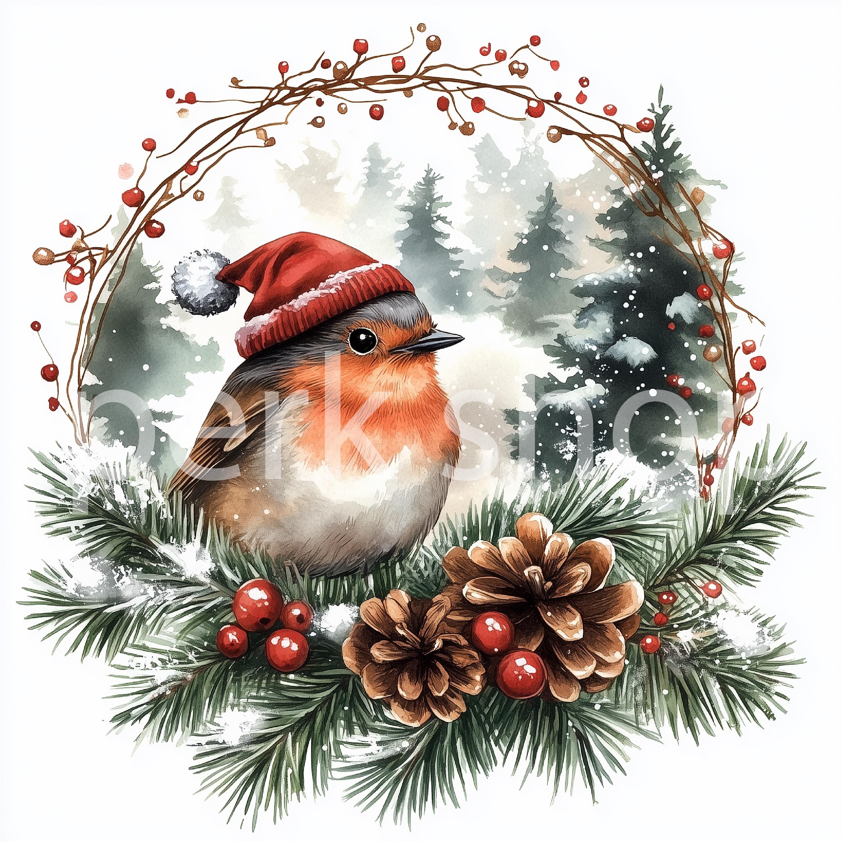 Robin Christmas Clipart: Watercolor Winter Bird Digital Decor (download ...
