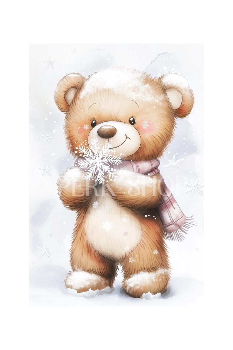Watercolor Christmas Teddy Bear Clipart: Winter Snowflakes (digital ...