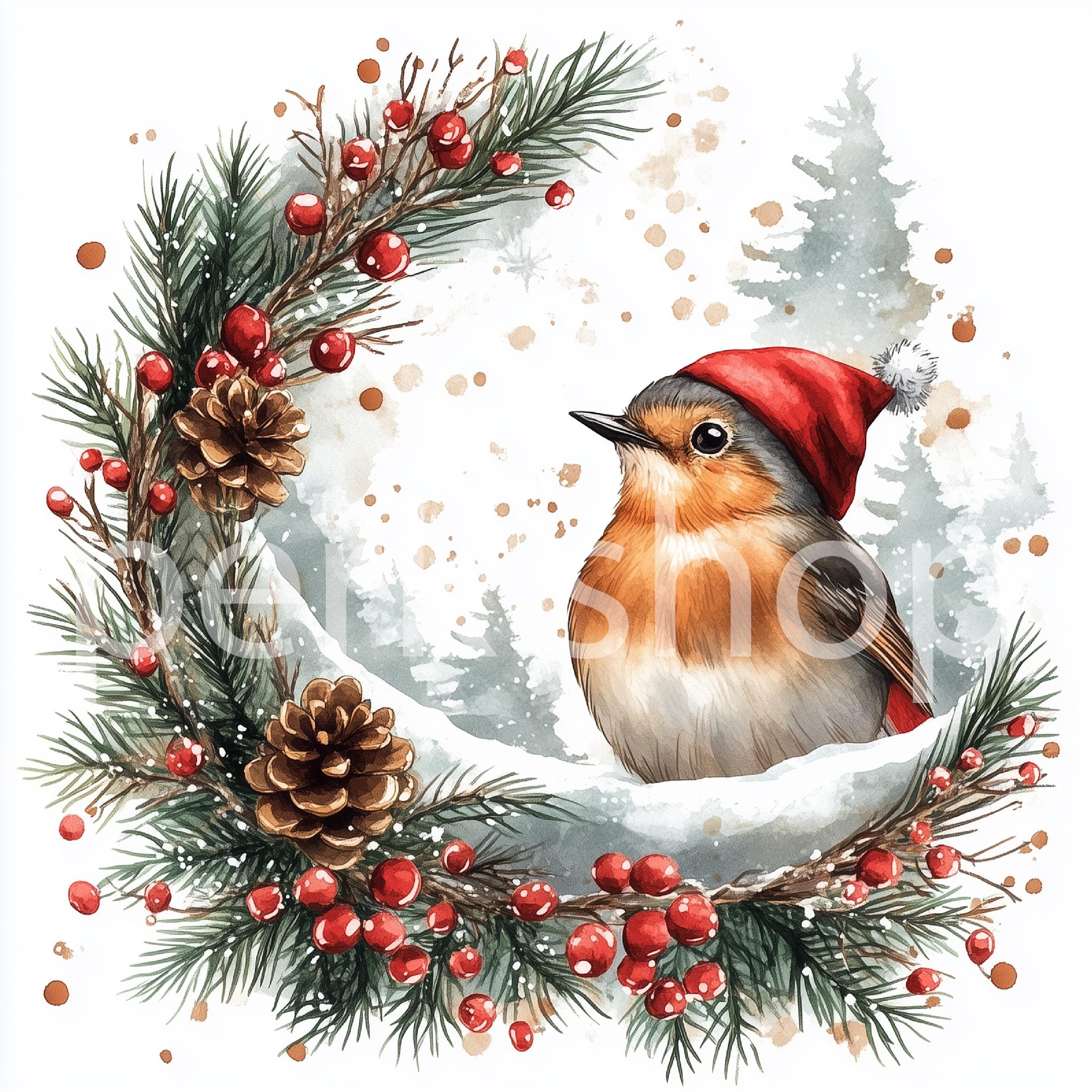 Robin Christmas Clipart: Watercolor Winter Bird Digital Decor (download ...