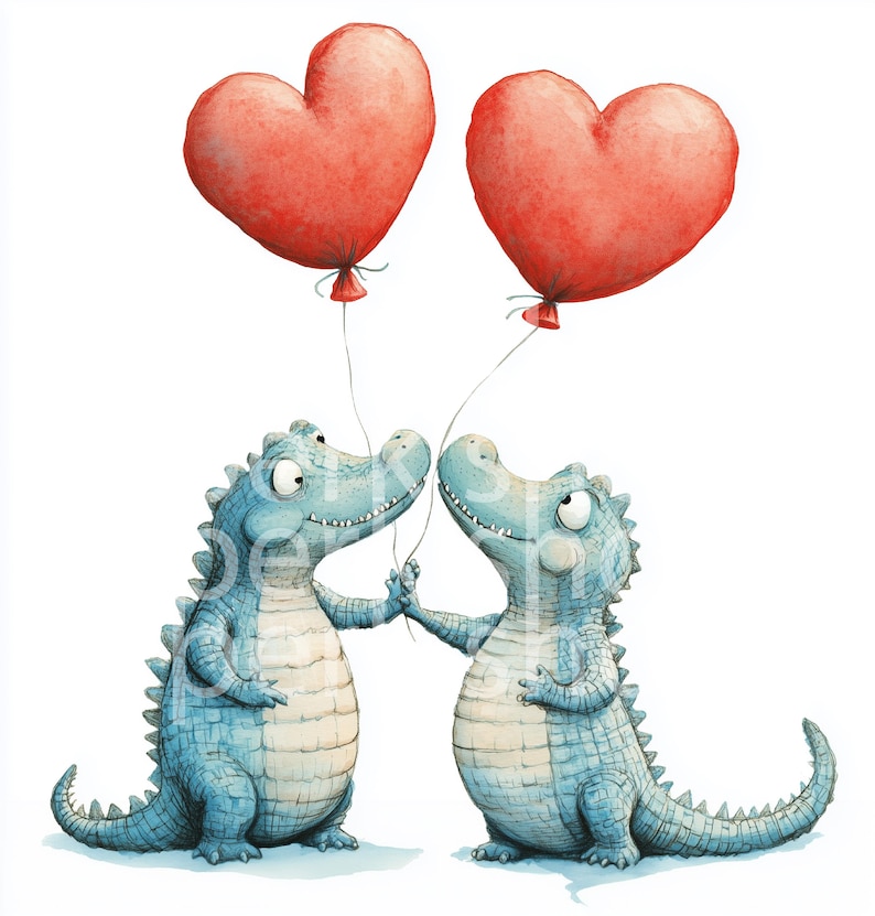 Valentine Alligator Couple Clipart: Romantic Crocodile Card (digital ...