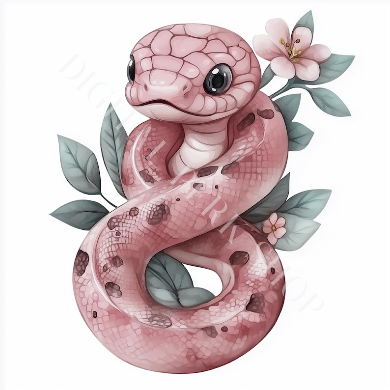 Baby Pink Snake Clipart, Cartoon Reptile Watercolor Digital Art ...