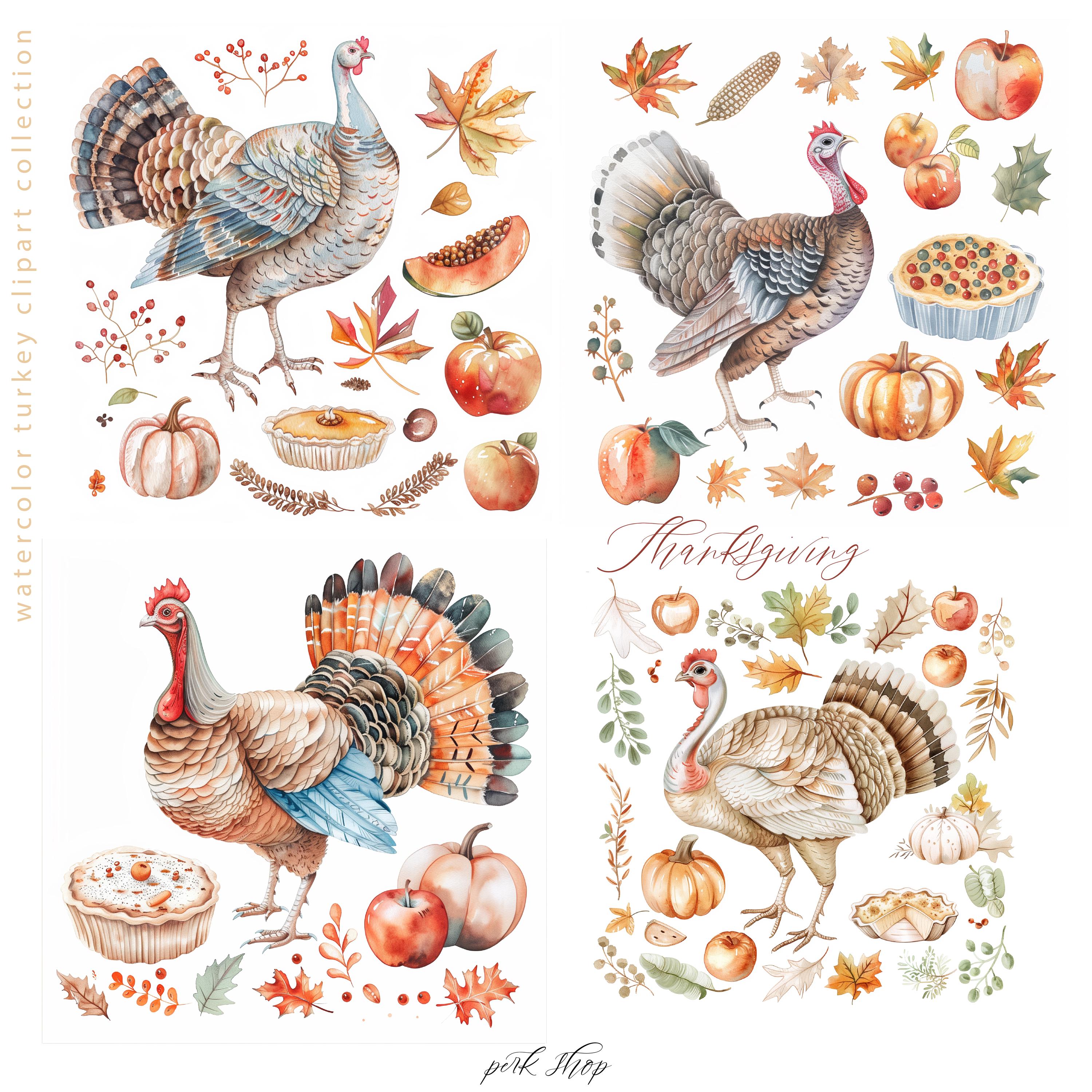 Thanksgiving Turkey Autumn Clipart, Floral Fall Watercolor, Printable ...