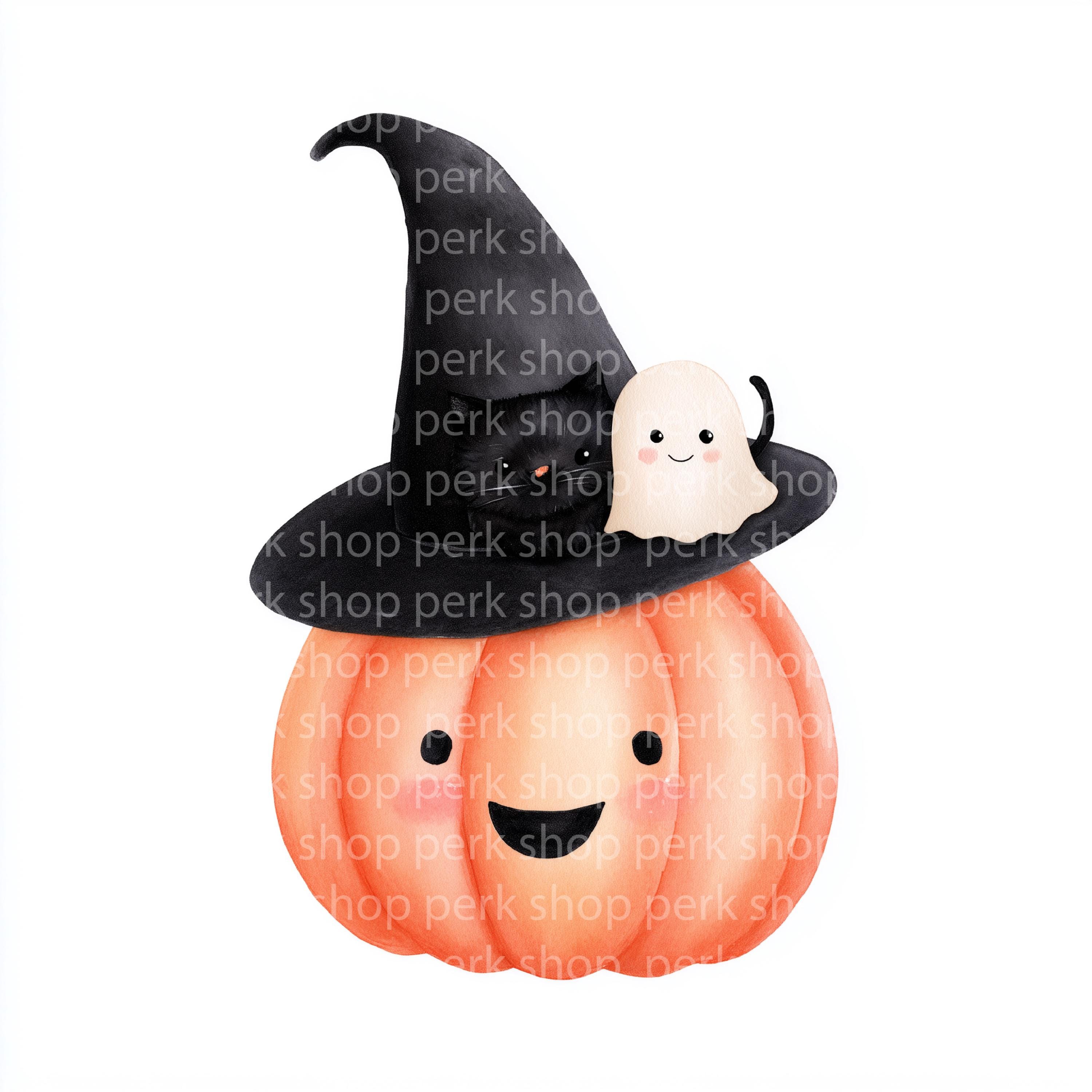 11 Cute Halloween Watercolor Clipart | Kawaii Pumpkin Ghost Cat, Witch ...