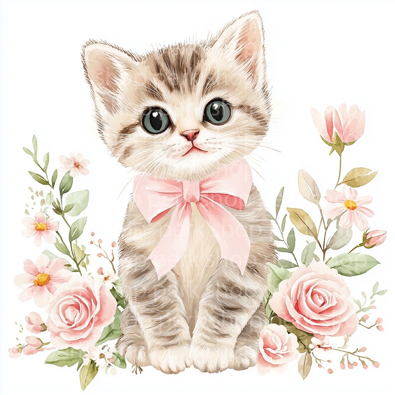 5 Kitten in Rose Clipart, Cute Cat Printable High-quality Jpgs, Pet ...
