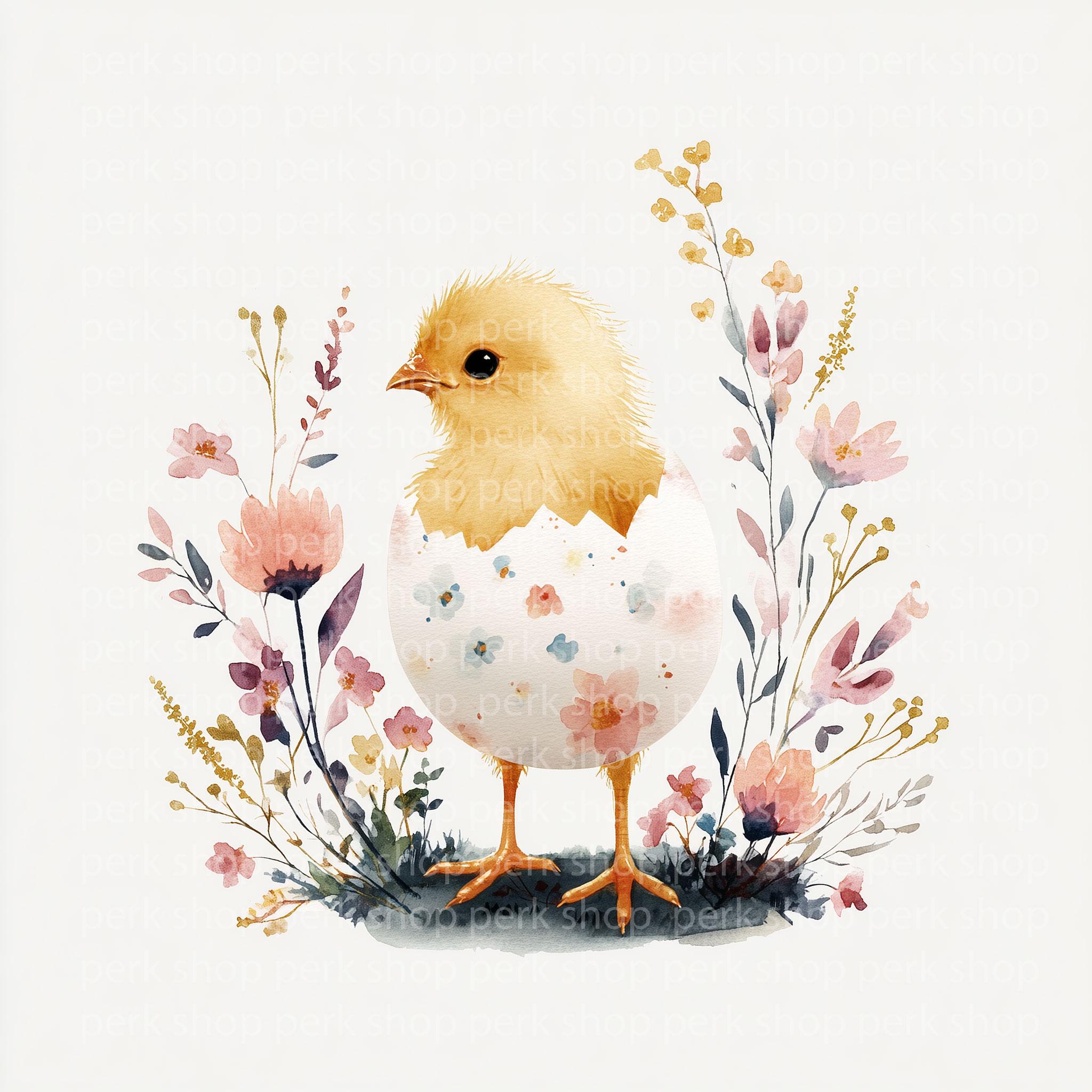 Easter Chick Hatching Clipart, Floral Chicken Egg, Printable Watercolor ...