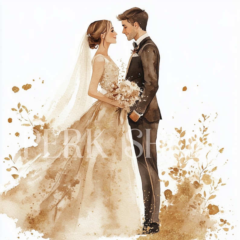 Autumn Wedding Couple Watercolor Clipart: Beige Invitation Design ...