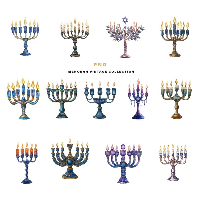 Vintage Menorah Clipart: Hanukkah Watercolor Candle Art (digital Set ...