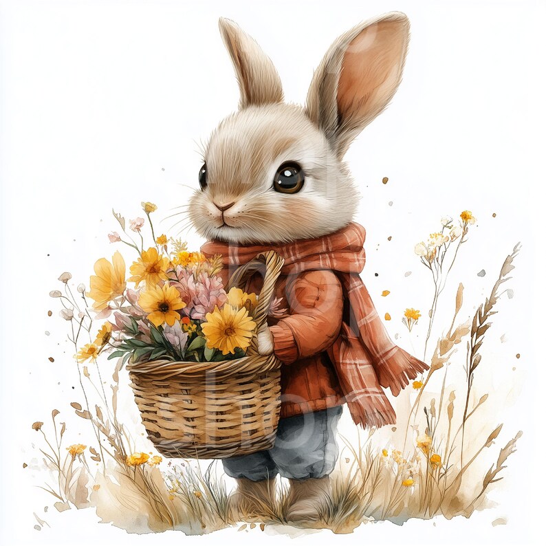 Watercolor Easter Bunny Clipart: Rabbit With Flowers (digital Download ...