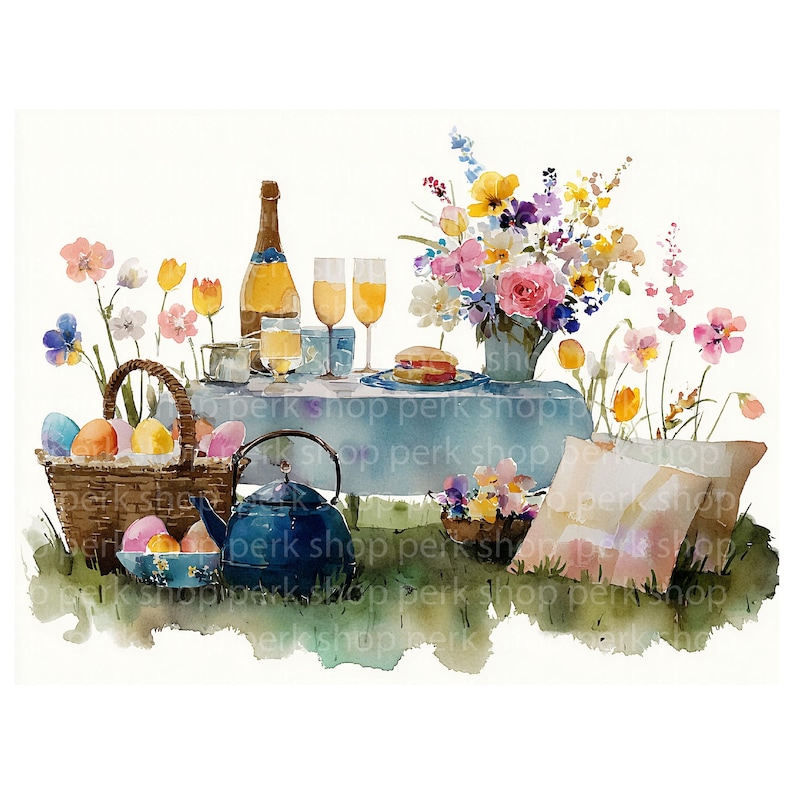 Watercolor Spring Picnic Clipart, Easter Picnic Illustration, Floral ...