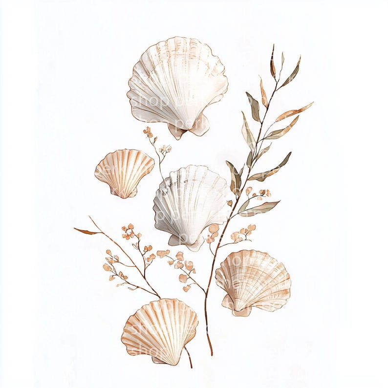 Seashell Botanical Watercolor Clipart, Coastal Art (digital Download ...