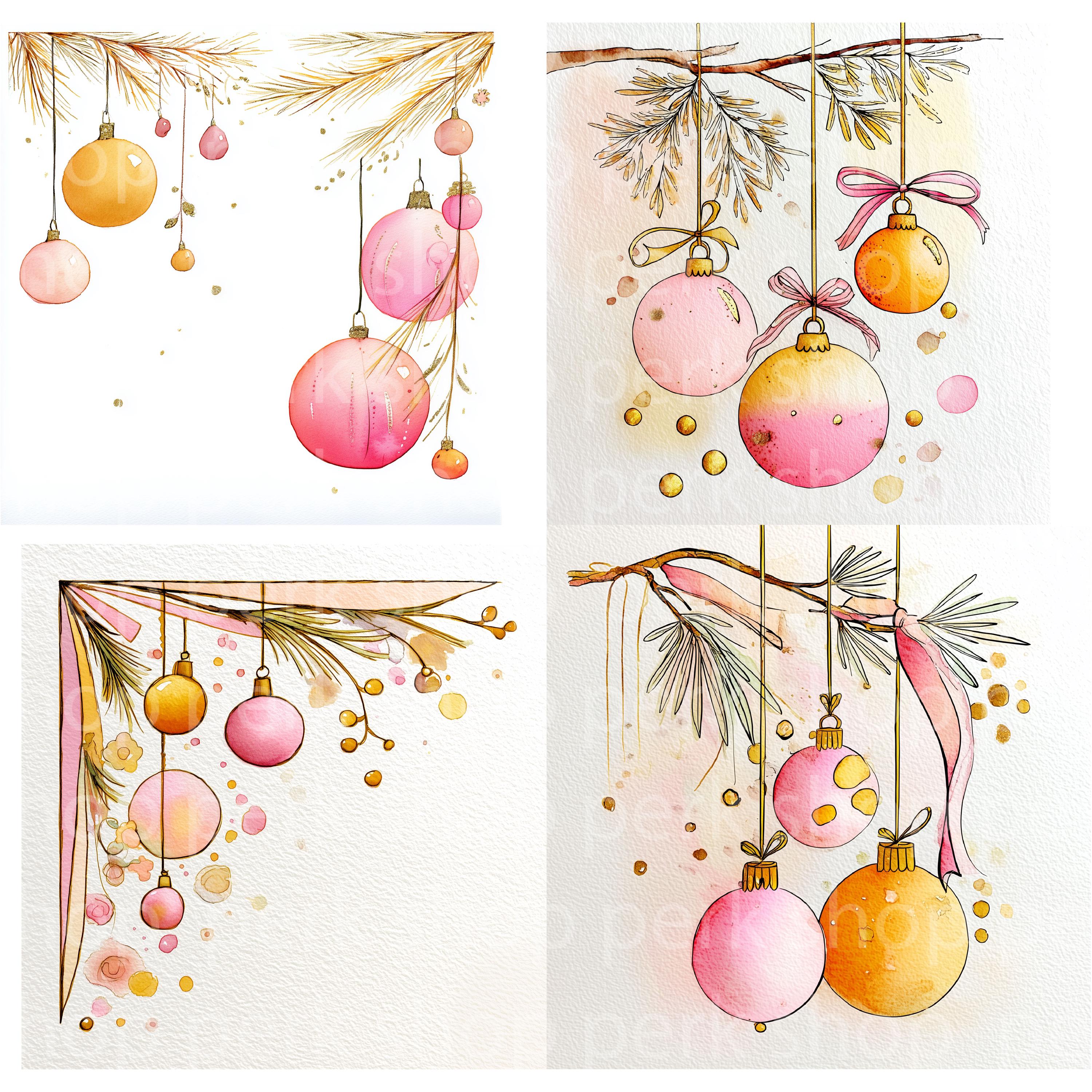 Pink Christmas Corner Clipart, Watercolor Baubles Ornaments, Feminine ...