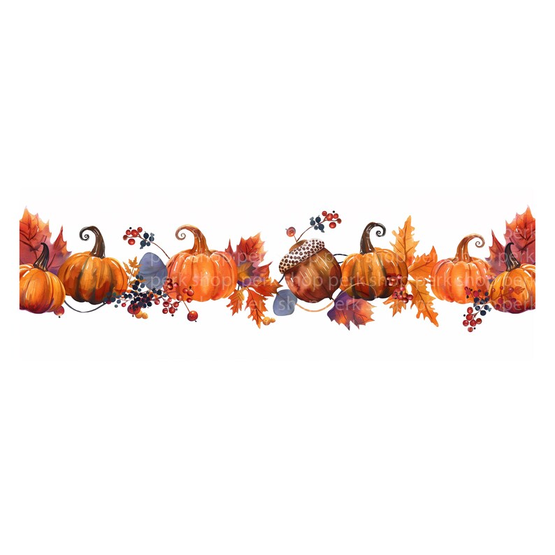 Autumn Pumpkin Border Clipart, Fall Watercolor Leaves Garland PNG ...