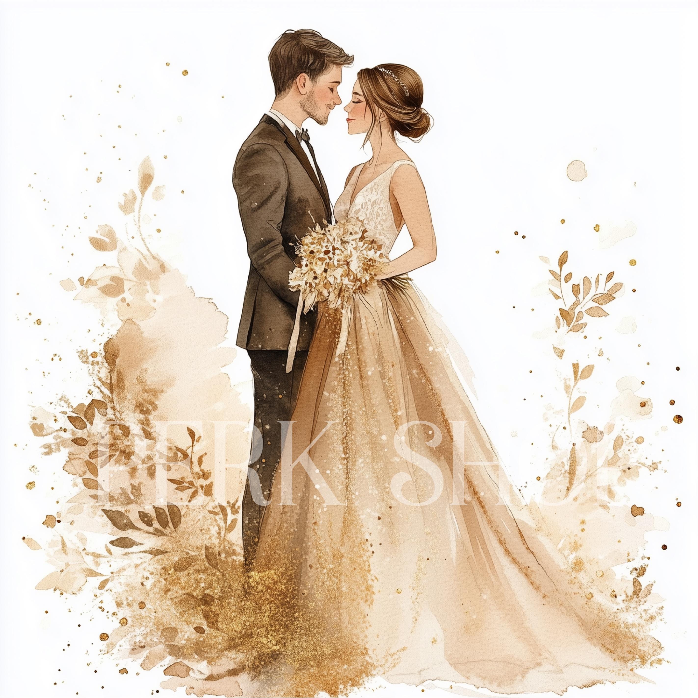 Autumn Wedding Couple Watercolor Clipart: Beige Invitation Design ...