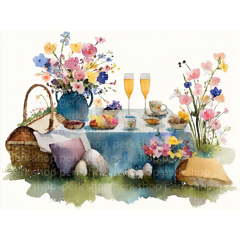 Watercolor Spring Picnic Clipart, Easter Picnic Illustration, Floral ...