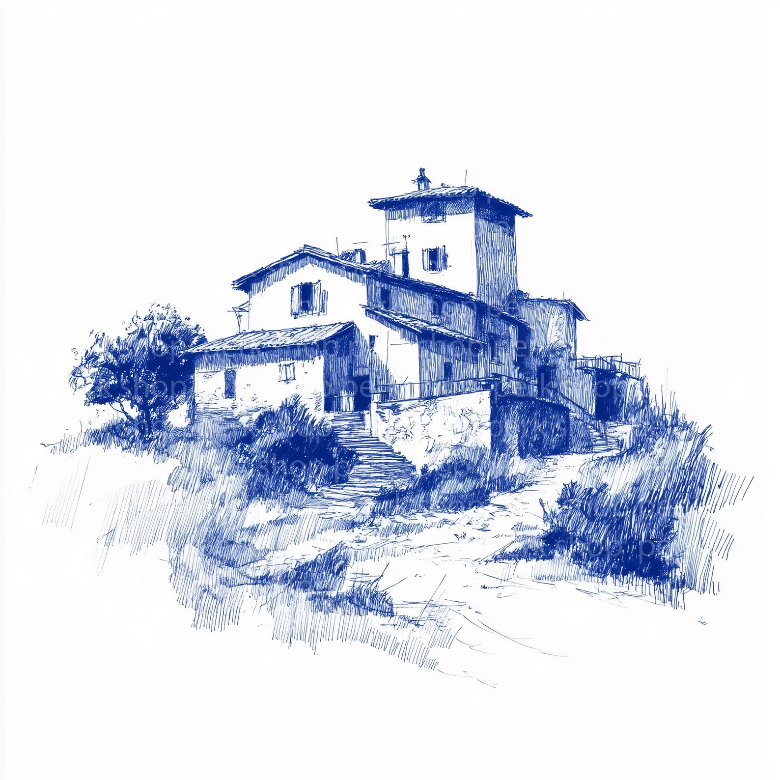 Italian Countryside House Sketch Printable, Vintage Pen Ink Drawing ...