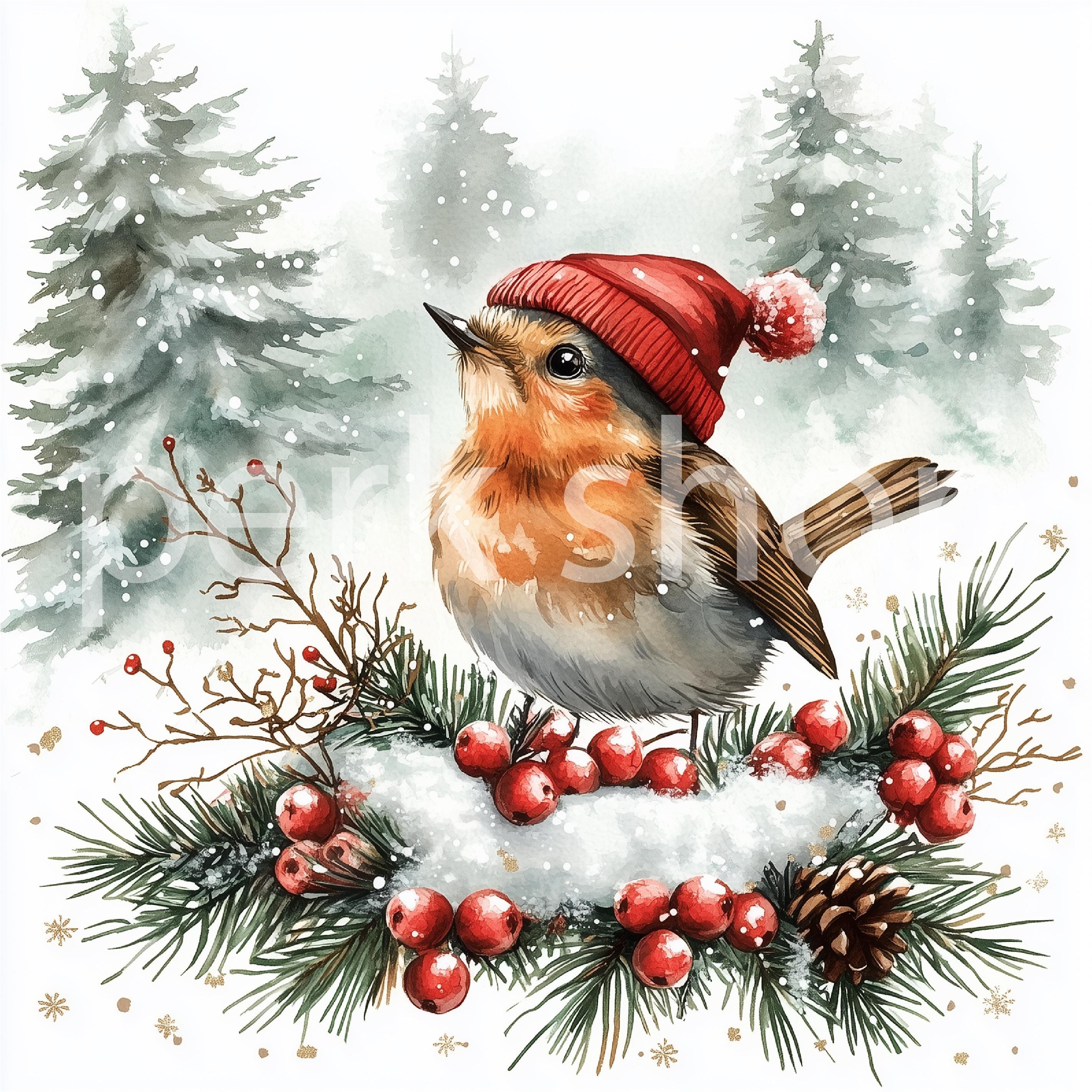 Robin Christmas Clipart: Watercolor Winter Bird Digital Decor (download ...