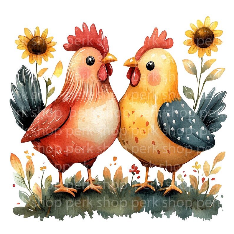 Watercolor Hen and Chick Clipart: Farm Animal Floral PNG (digital ...