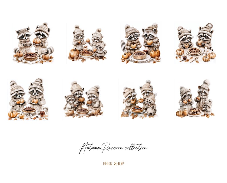 Autumn Raccoon Family Clipart: Pumpkin Harvest, Fall Animals (digital ...